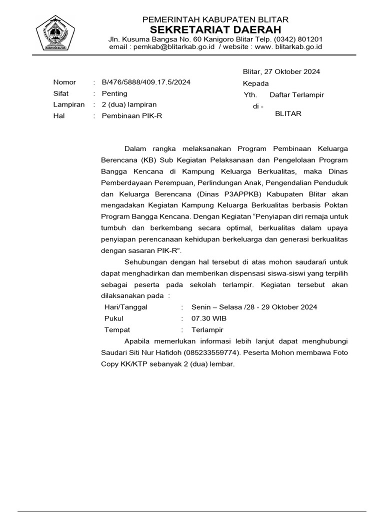 Surat Pembinaan Pik-R | PDF