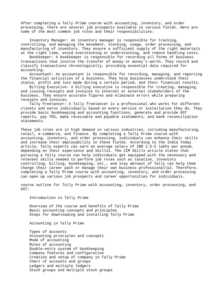 Course Outline For Tally Prime With | PDF | Bookkeeping | Inventory