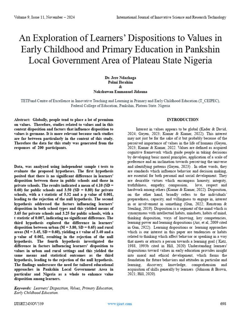 An Exploration of Learners' Dispositions To Values in Early Childhood ...