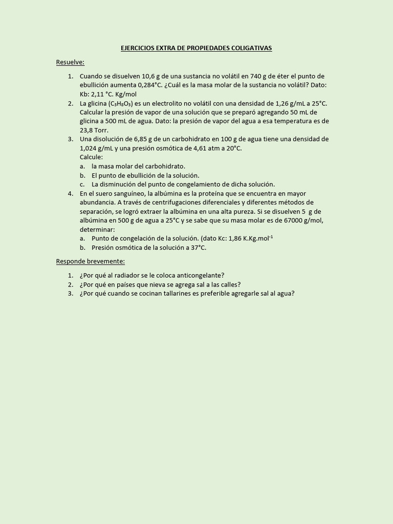 Ejercicios Extra de Propiedades Coligativas | PDF