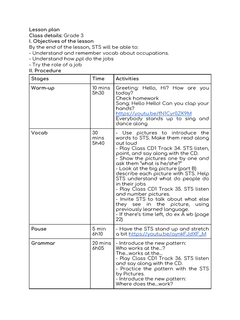 Grade 3 Occupations Lesson Plan | PDF | Cuisine | Foods