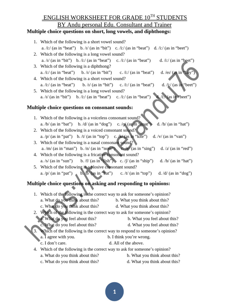 Grade 10 English Worksheet | PDF | Punctuation | Consonant