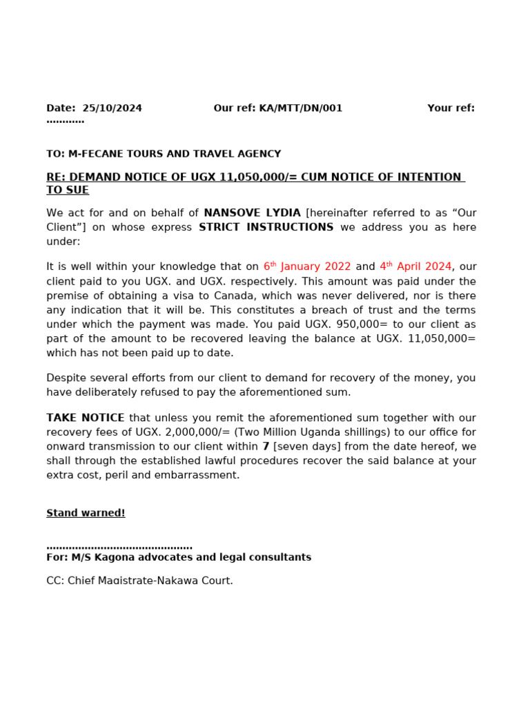 Demand Notice to Travel Agency | PDF
