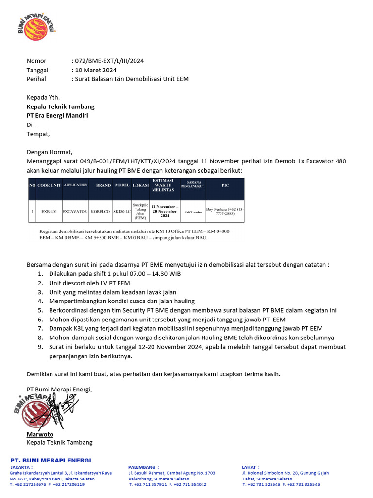 Surat Balasan Izin Demobilisasi Unit To EEM | PDF