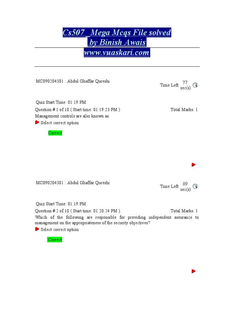 CS507 FINAL TERM PAPERS VU - Mega Quiz File - Solved by Binish Awais 2011 1 To 45 Lecture | PDF ...