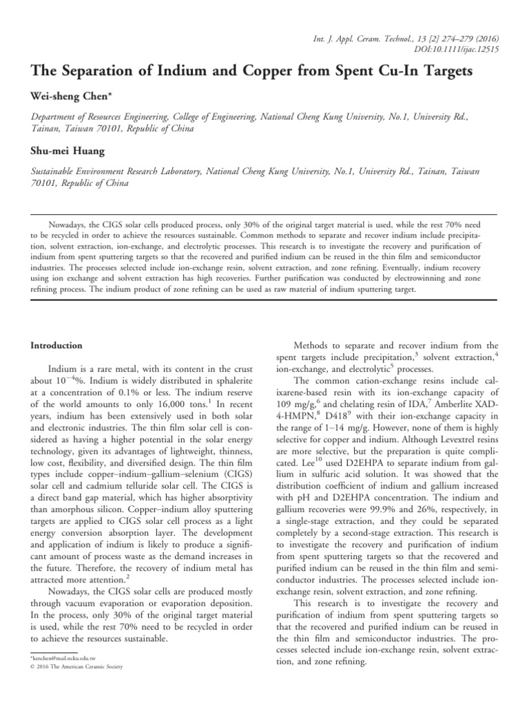 Int J Applied Ceramic Tech - 2016 - Chen - The Separation of Indium and ...