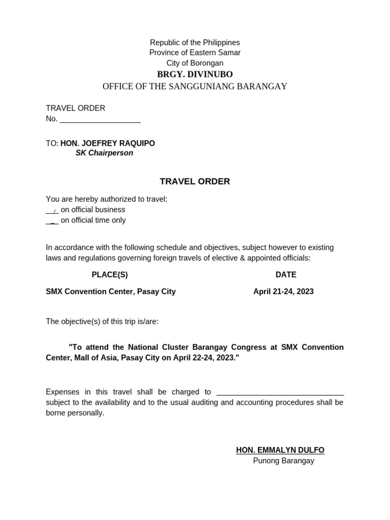 Travel Order for Barangay Congress 2023 | PDF