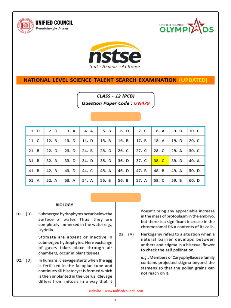 CL - 12 PCB - NSTSE-2022-Paper-479 Key-Updated | PDF | Dna | Photoelectric Effect
