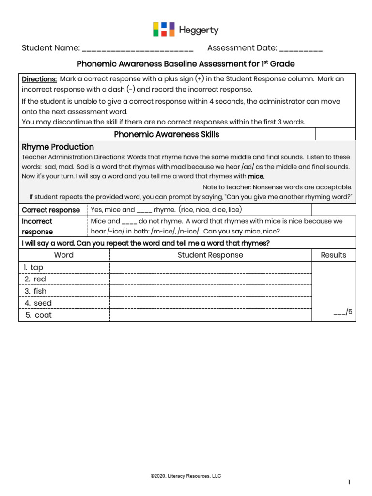 1st Grade BOY Assessment 2020 | PDF | Phoneme | Learning