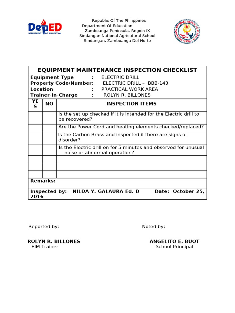 Equipment Maintainance Checklist | PDF
