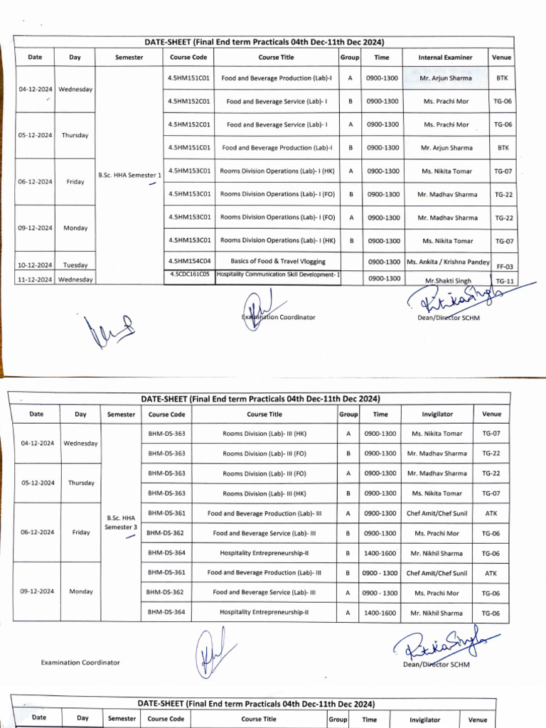 HHA End Term Practical Date Sheet | PDF