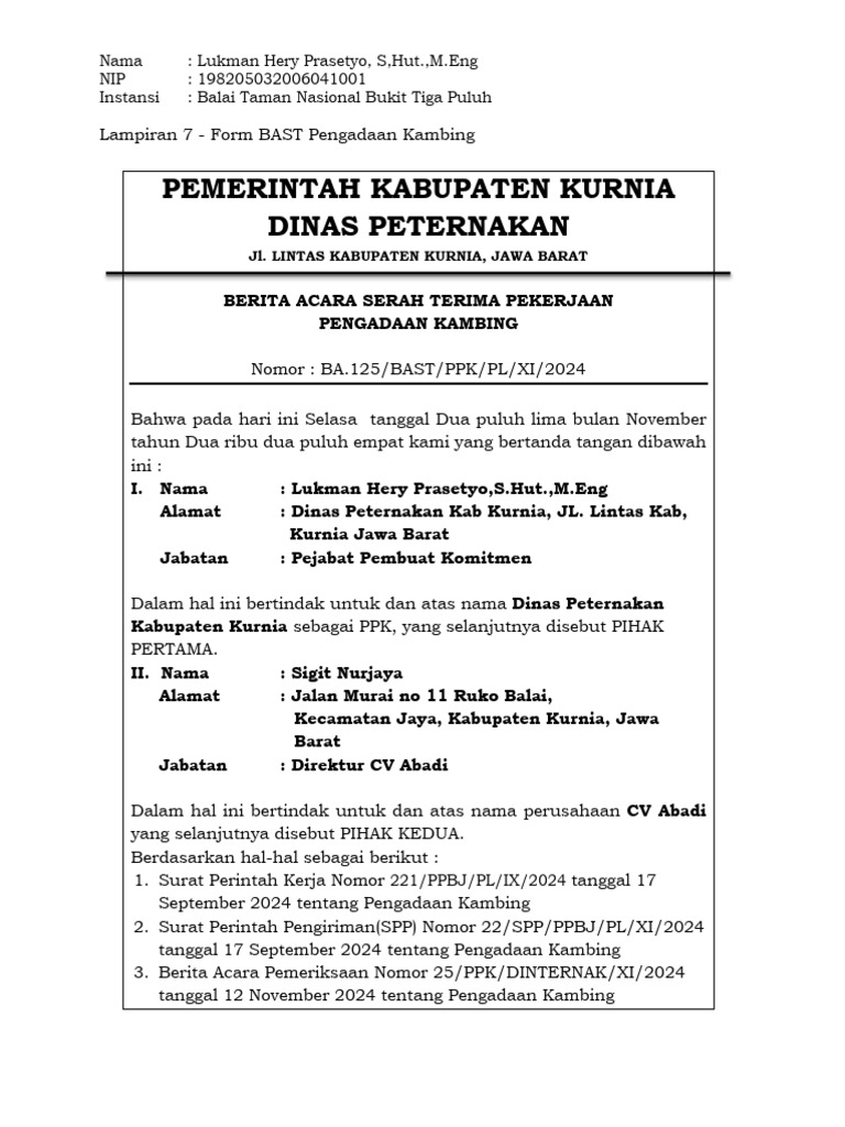 Lampiran 7 - Form BAST Pengadaan Kambing Lukman | PDF