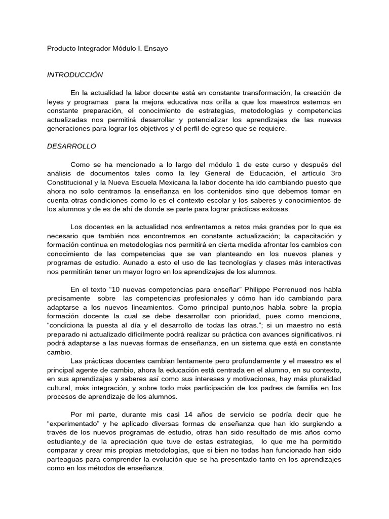 Producto Integrador Módulo I. Ensayo | PDF | Enseñando | Maestros
