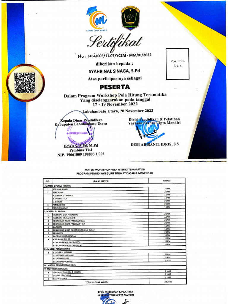 Sertifikat Syahrinal Sinaga 1 | PDF