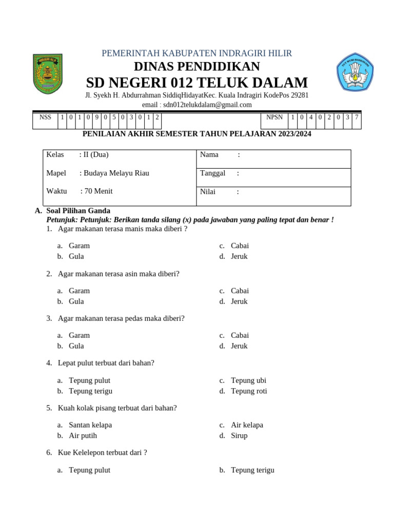 Soal Pas SMT 2 KLS 2 BMR | PDF