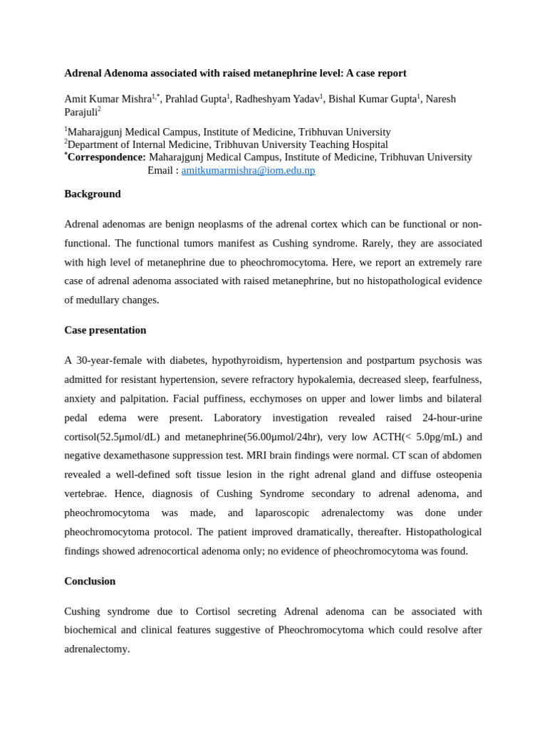 Adrenal Adenoma Associated With Raised Metanephrine Level | PDF
