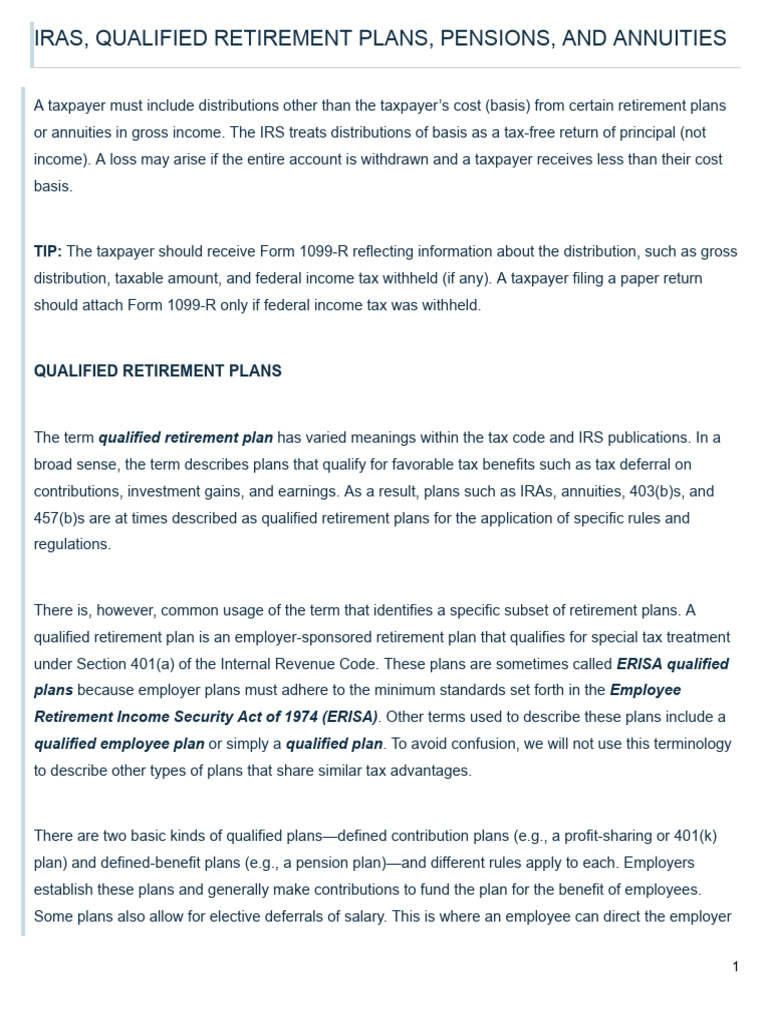 Iras, Qualified Retirement Plans, Pensions, and Annuities | PDF ...