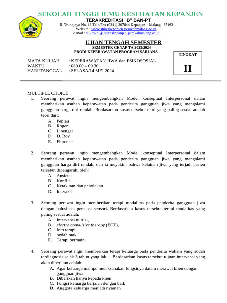 Soal UTS Genap Keperawatan Jiwa Dan Psikososial 2023-2024 | PDF