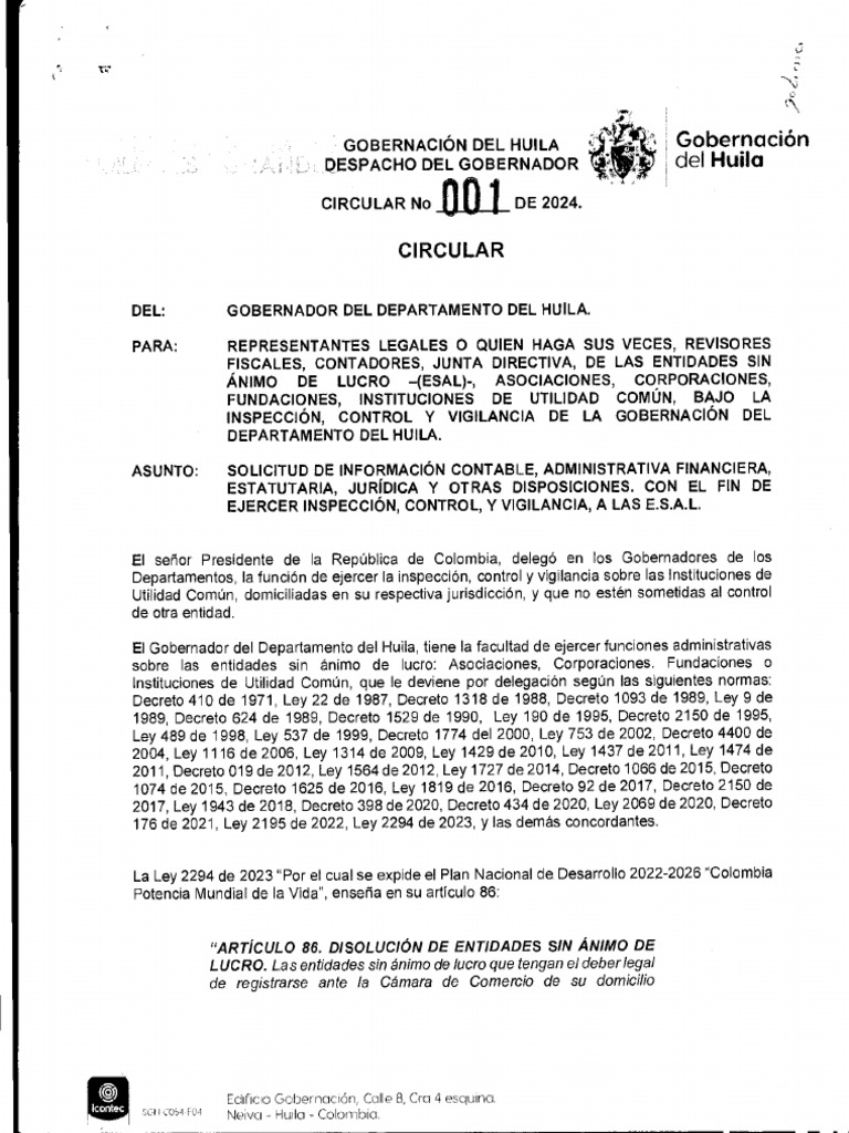 Circular 001 de 2024, Inspección Control y Vigilancia Entidades Sin Ánimo de Lucro ESAL en El ...