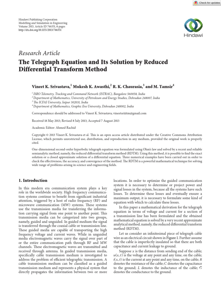 Modelling and Simulation in Engineering - 2013 - Srivastava - The Telegraph Equation and Its ...