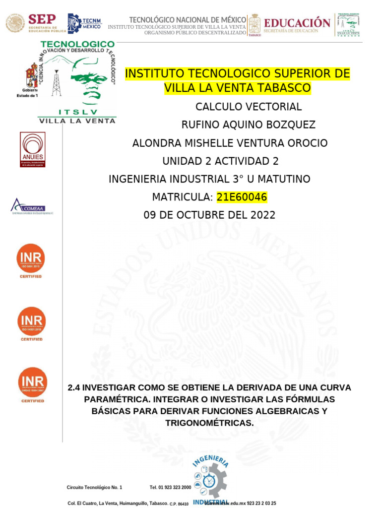 CALCULO VECTORIAL Undad2 Act2 | PDF | Tangente | Derivado