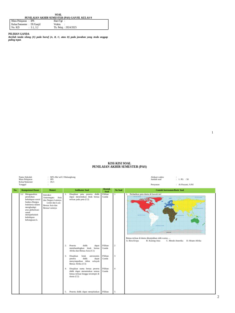 Kisi-Kisi Ips KLS 9 Ganjil | PDF