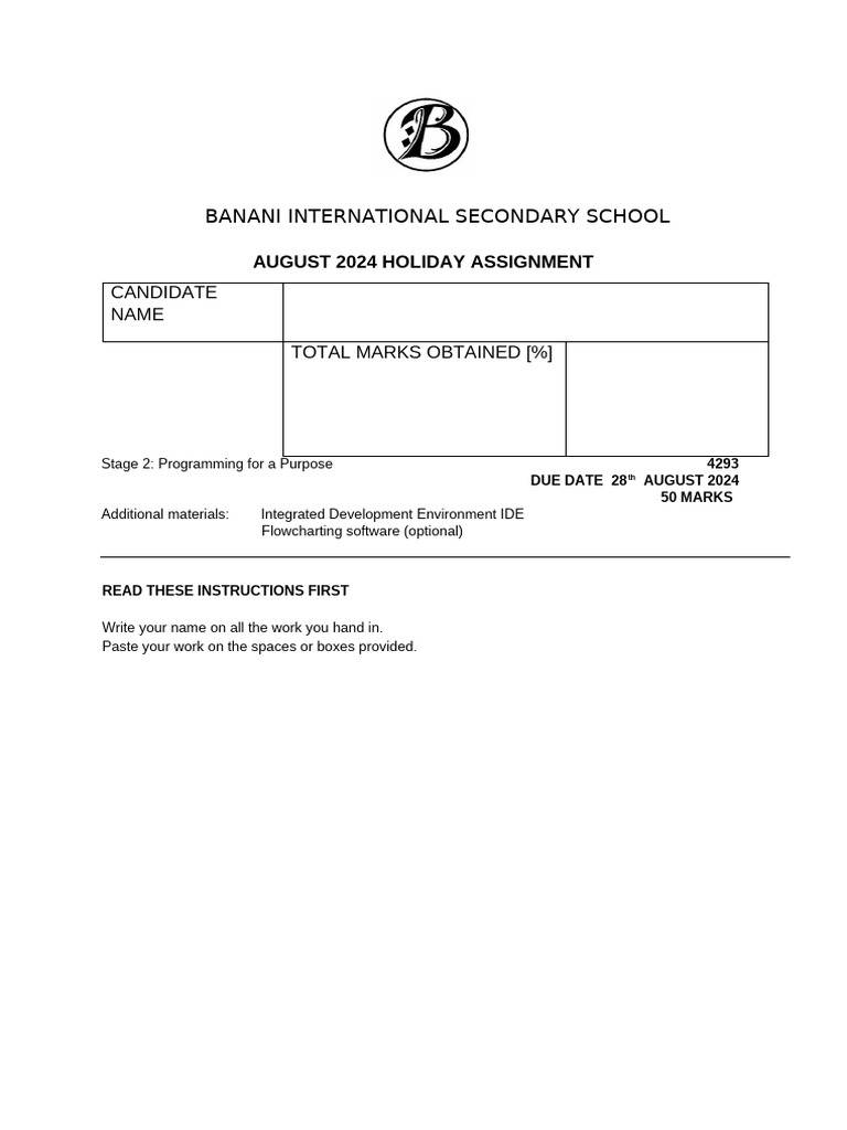ICT August 2024 Holiday Assignment | PDF | Computer Programming ...