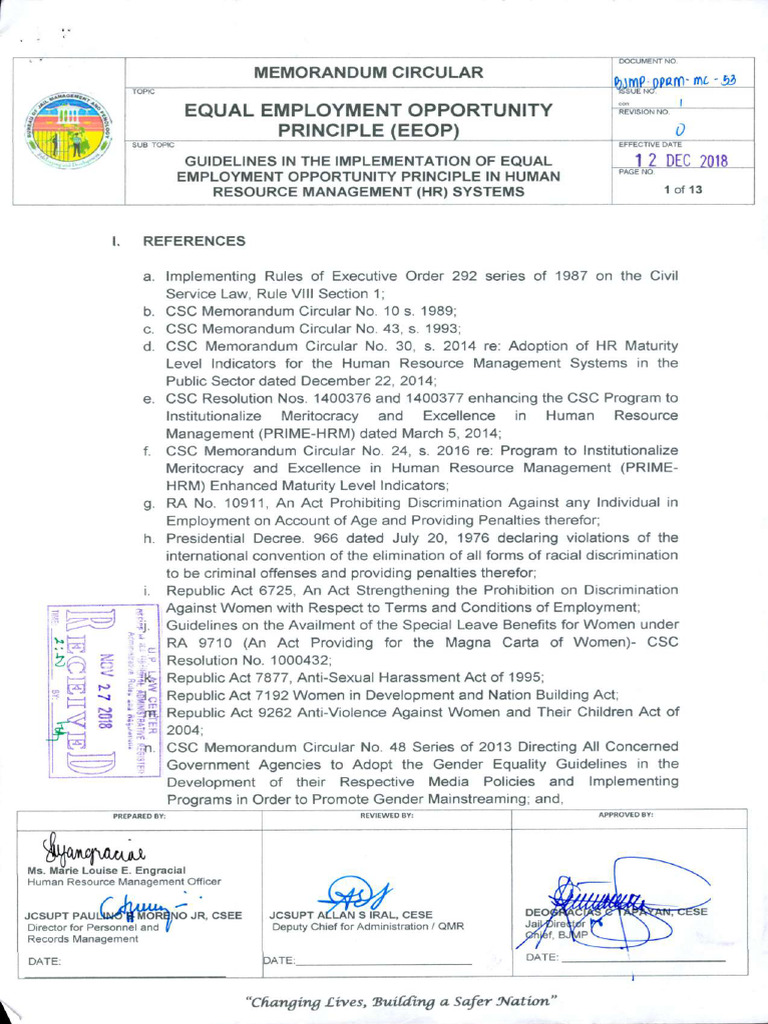 12.12.2018 BJMP-DPRM-MC-53 Equal Employment Opportunity Principle (Eeop ...