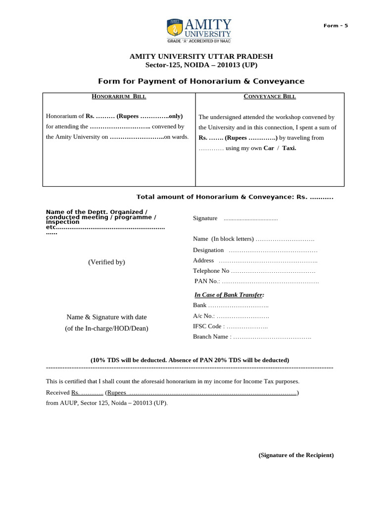 1A-Form - 5 (Payment of Honorarium & Conveyance) Format | PDF ...