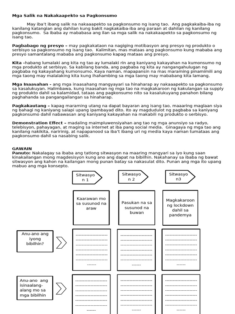 Mga Salik Sa Nakakaapekto Sa Pagkonsumo (Aktibiti) | PDF