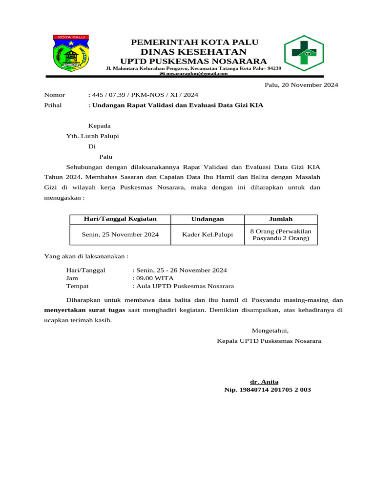 UNDANGAN RAPAT VALIDASI DATA GIZIKIA NOVEMBER 2024 Salinan | PDF