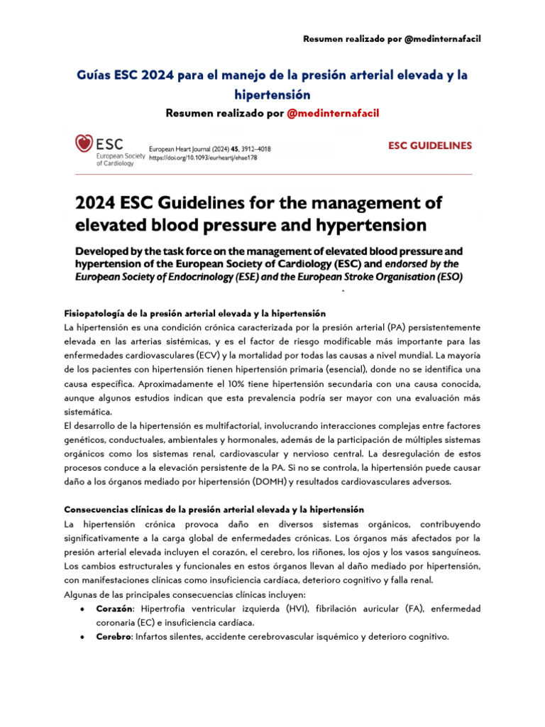 Resumen Guía HTA ESC 2024 | PDF | Hipertensión | Presión sanguínea