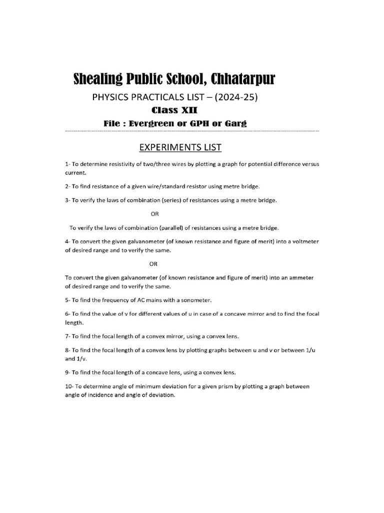 Class XII CBSE Physics Practical List 2024-25 Final | PDF