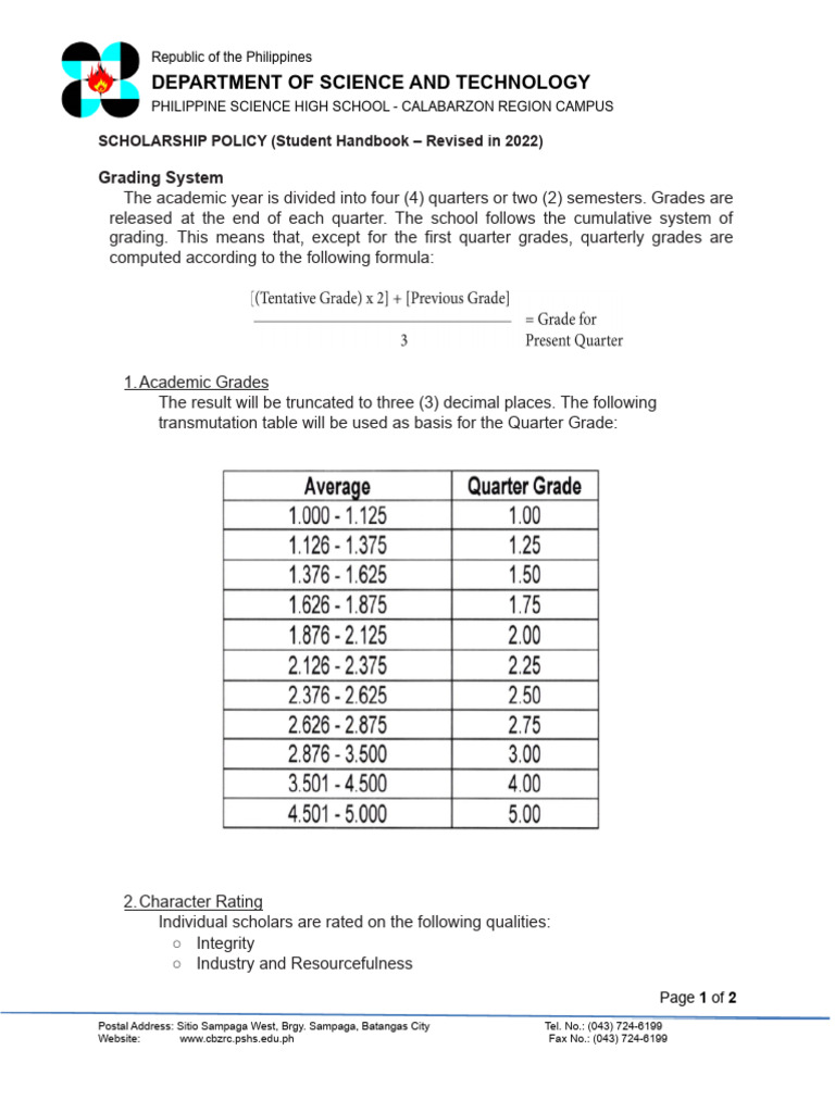 PSHS Calabarzon Grading System 2024 | PDF