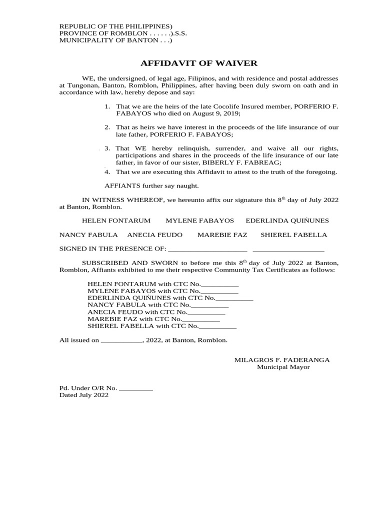 Affidavit of Waiver | PDF | Affidavit | Evidence