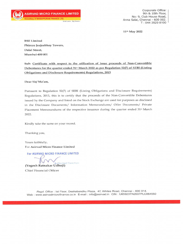 Certificate of Utilization of Issue Proceeds of NCD and Statement of Deviation or Variation 31st ...