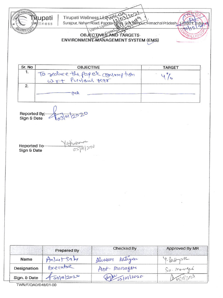 Objective & Targets 2020 QA | PDF
