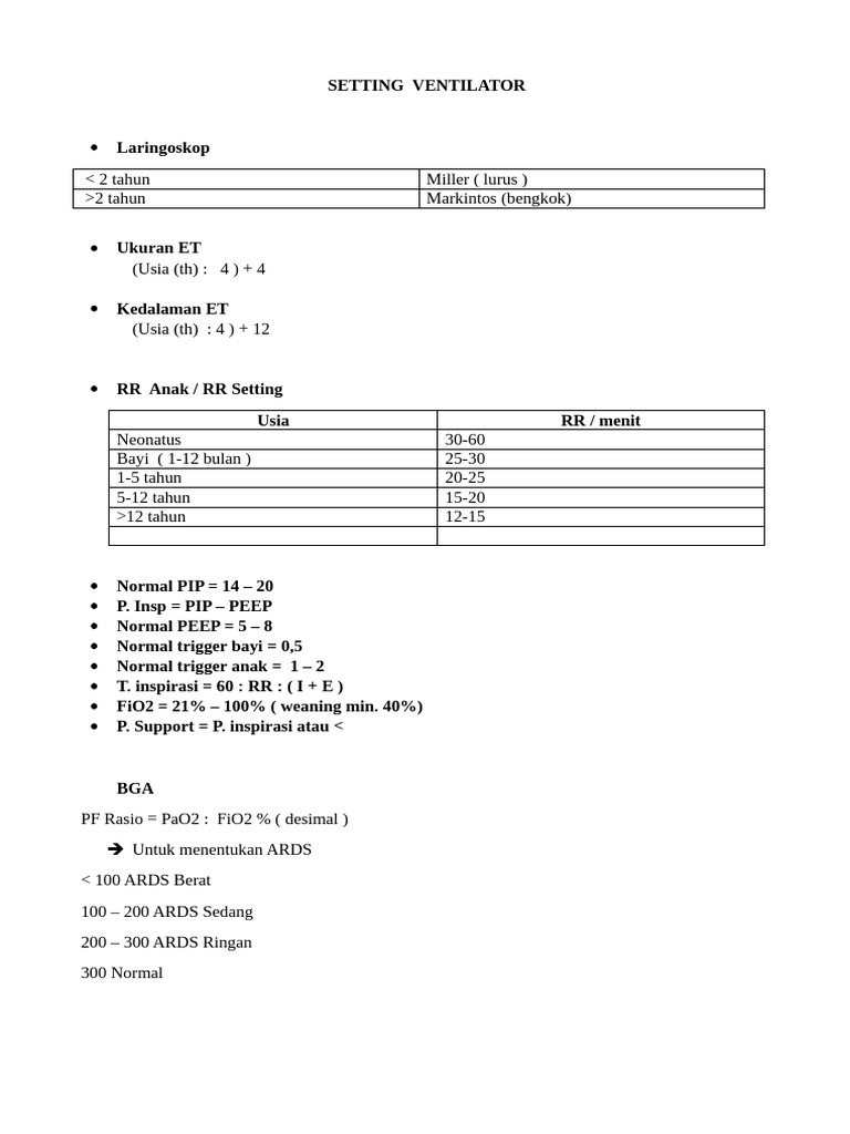 Panduan Setting Ventilator Anak | PDF