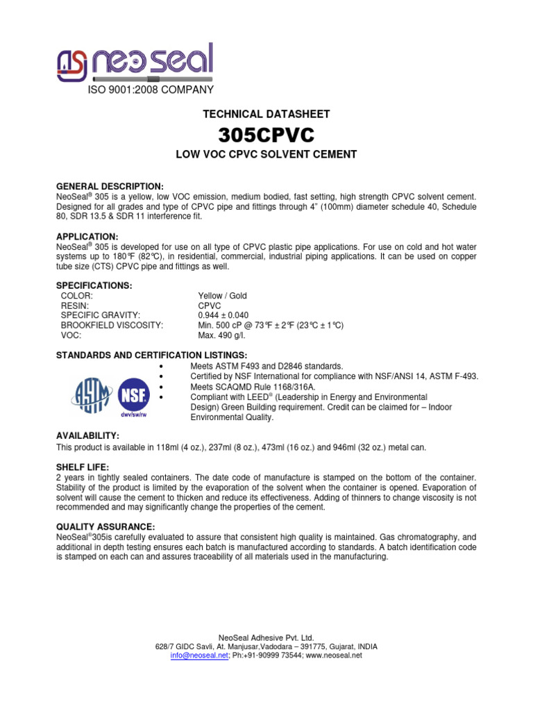 Tds Neoseal 305 CPVC | PDF | Pipe (Fluid Conveyance) | Volatile Organic ...
