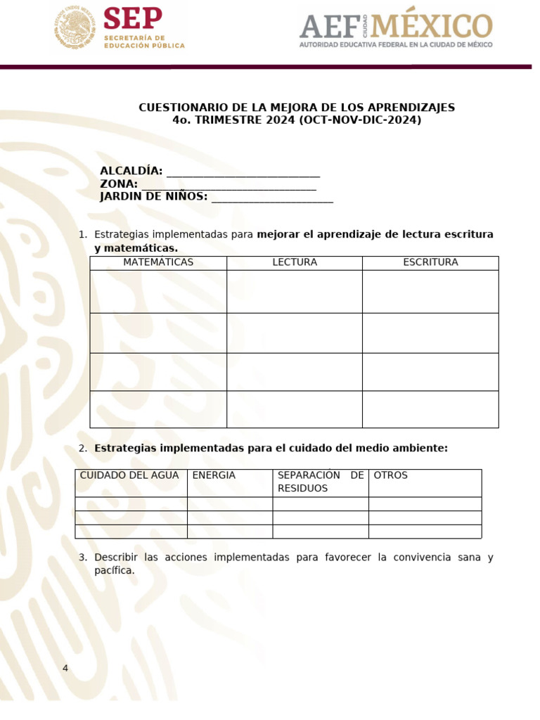 Cuestionario de Mejora Educativa 2024 | PDF