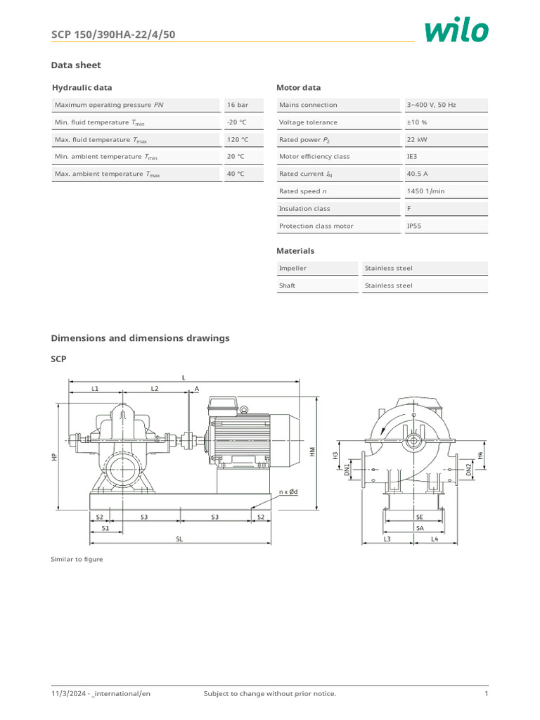 Wilo Datasheet - International - en - SCP 150 390ha 22 4 50 | PDF