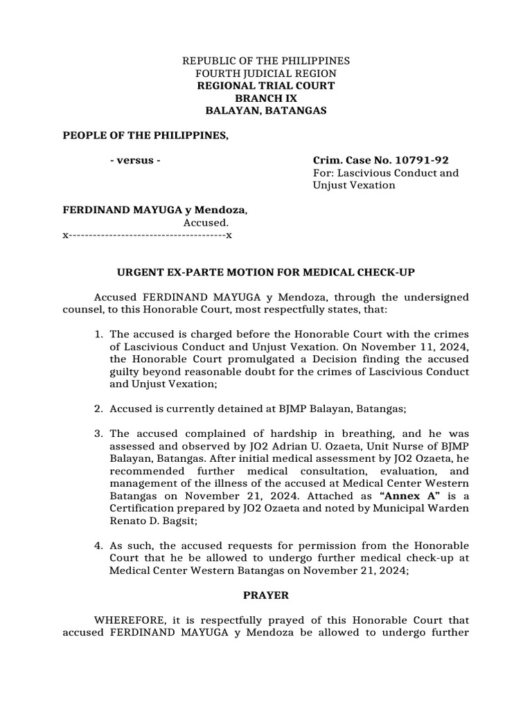 Motion For Medical Check Up - Mayuga | PDF | Criminal Procedure | Government Institutions