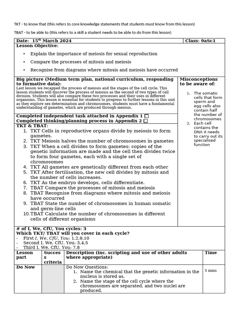 Meiosis Lesson Plan MTP | PDF | Meiosis | Mitosis