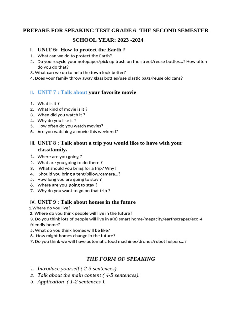 Prepare For Speaking Test Grade 6 | PDF