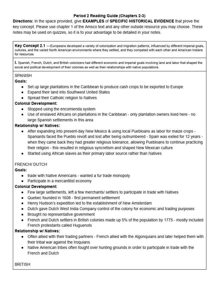 Period 2 Reading Guide (Ch. 2-3) | PDF | Thirteen Colonies | Slavery