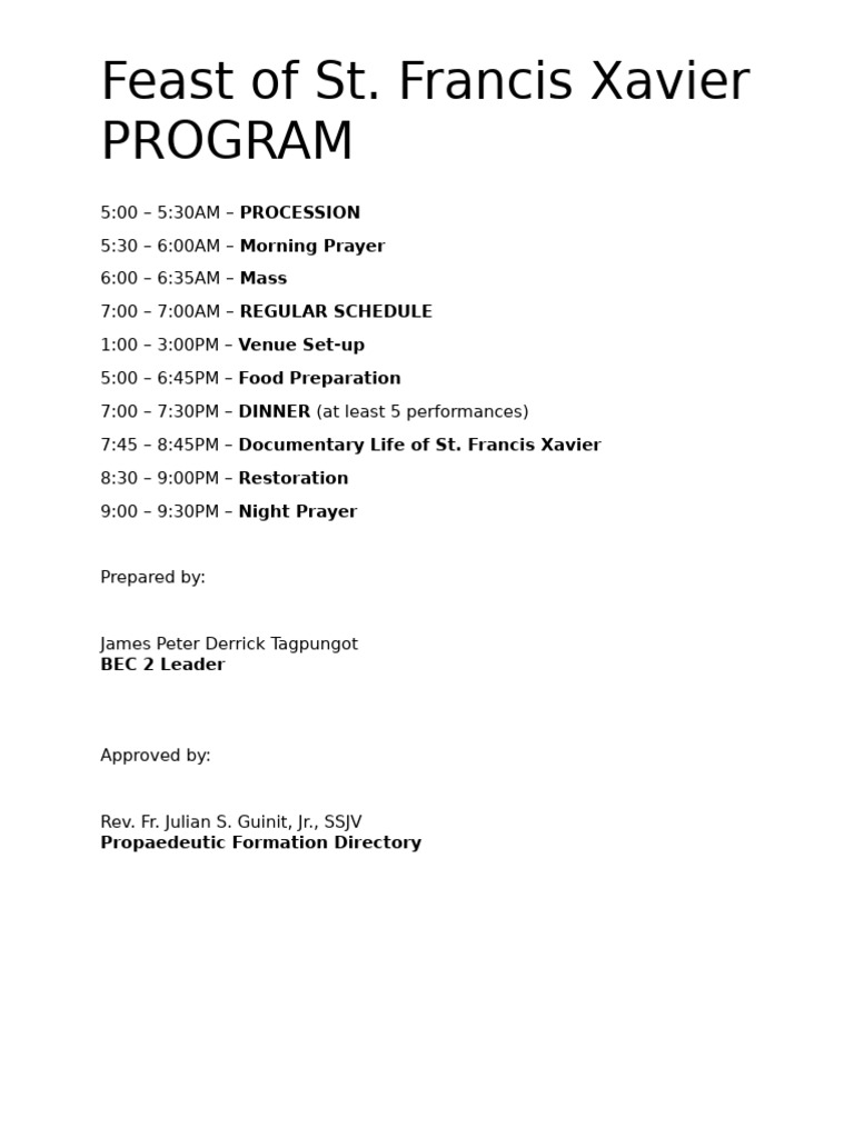 St. Francis Xavier Feast Program | PDF