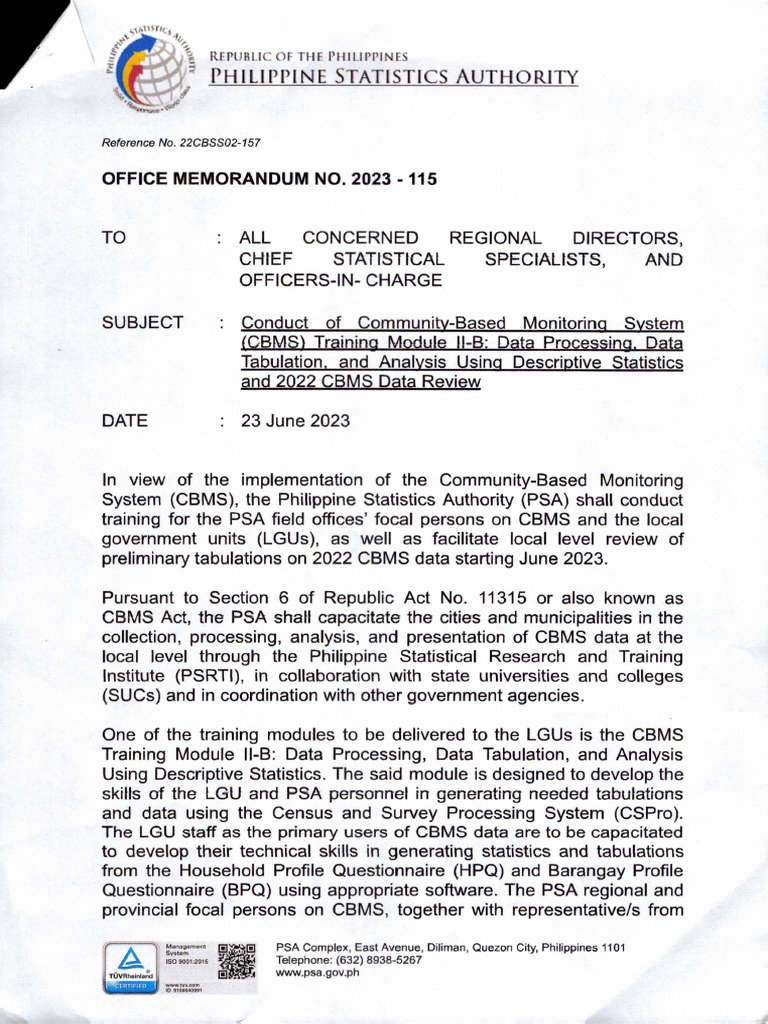 2023-07-03 (Office Memo On CBMS Training Module 2B Data Processing and ...