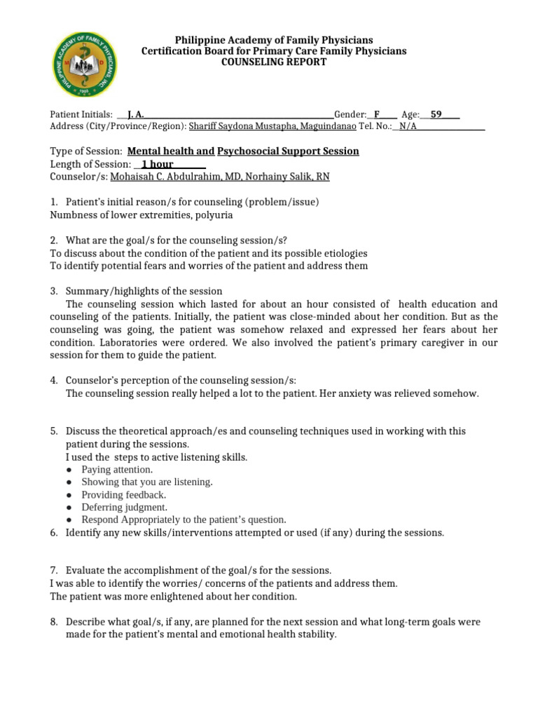 3.1.1 Counseling Report (Sample) | PDF | Mental Health | Behavioural ...