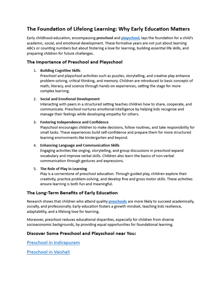 The Foundation of Lifelong Learning Why Early Education Matters | PDF ...