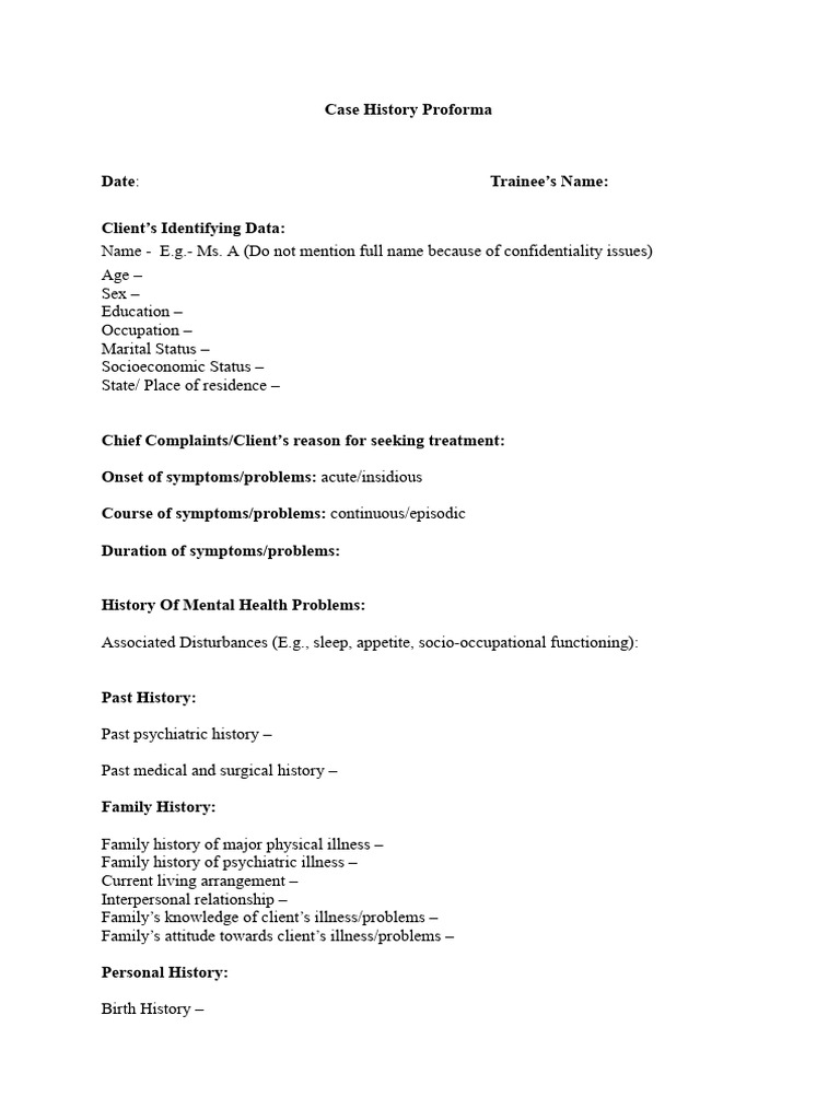 Case History Proforma | PDF | Mental Disorder | Psychology